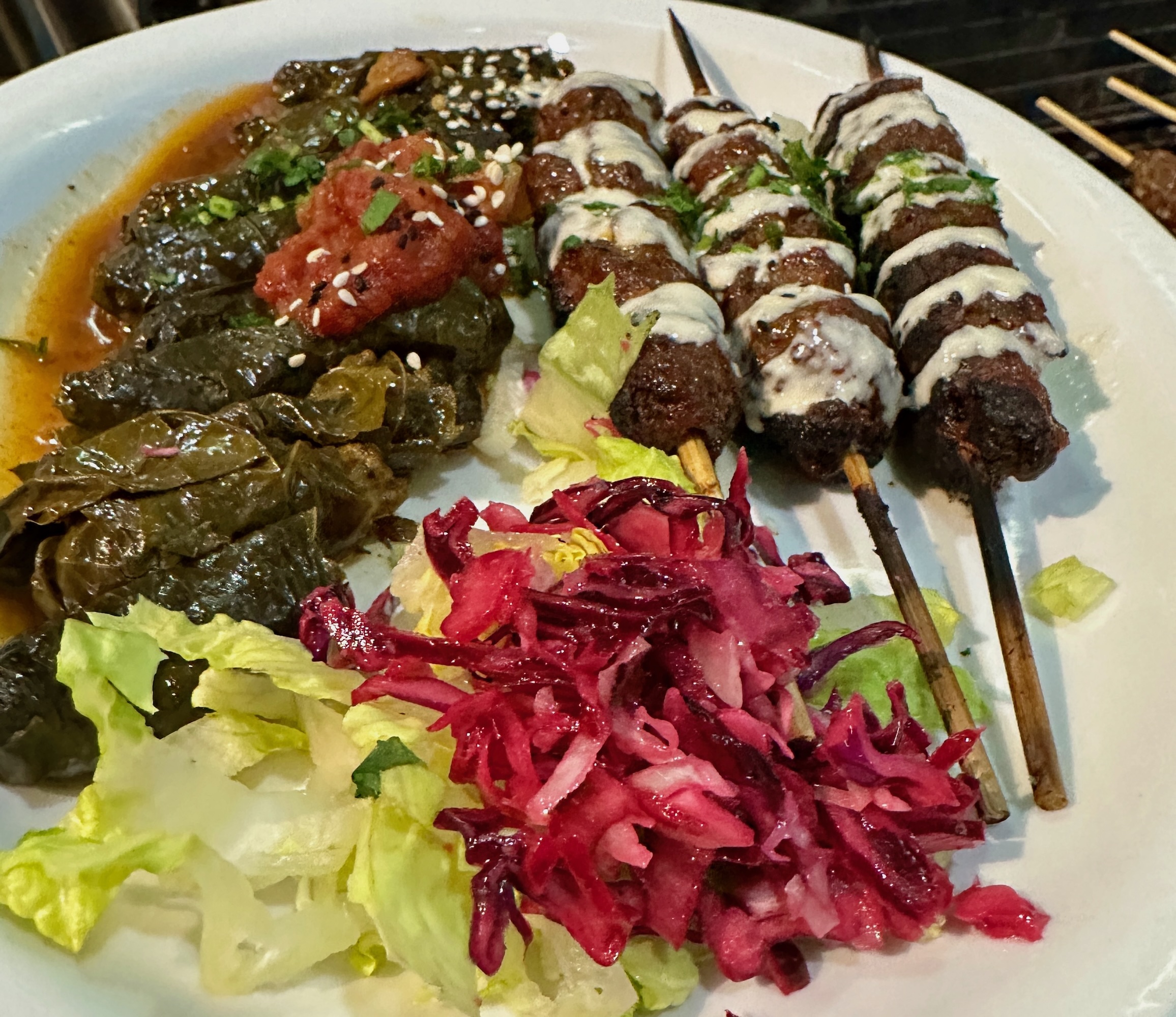 Lamb kebab with stuffed grape leaves | Tamam: Fine Palestinian Cuisine